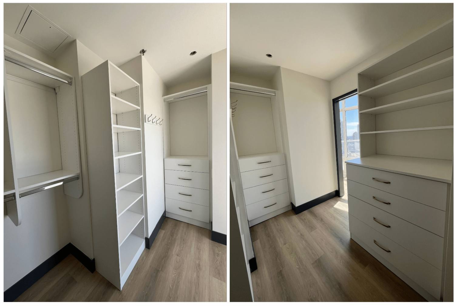 White Closet with Nooks, Drawer Banks, and Hanging Rods - Chicagoland Home Products